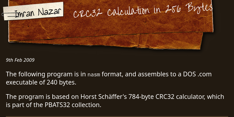 CRC32 Calculation in 256 Bytes - Imran Nazar